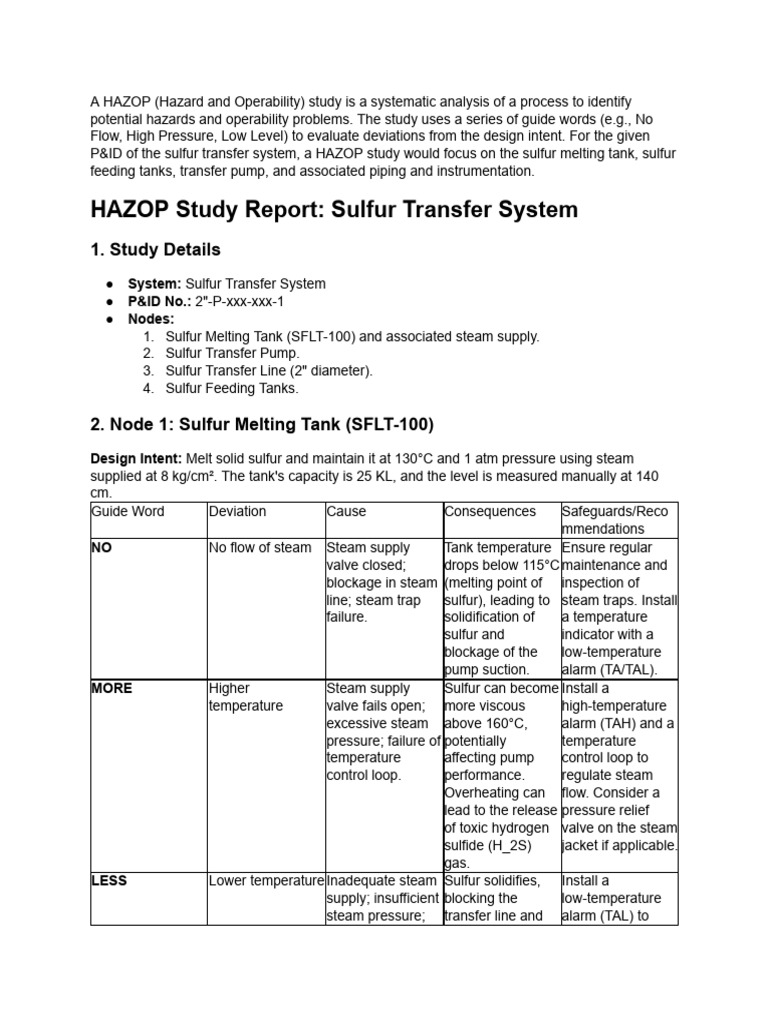 HAZOP Study for Sulfur Transfer System | PDF | Pump | Valve