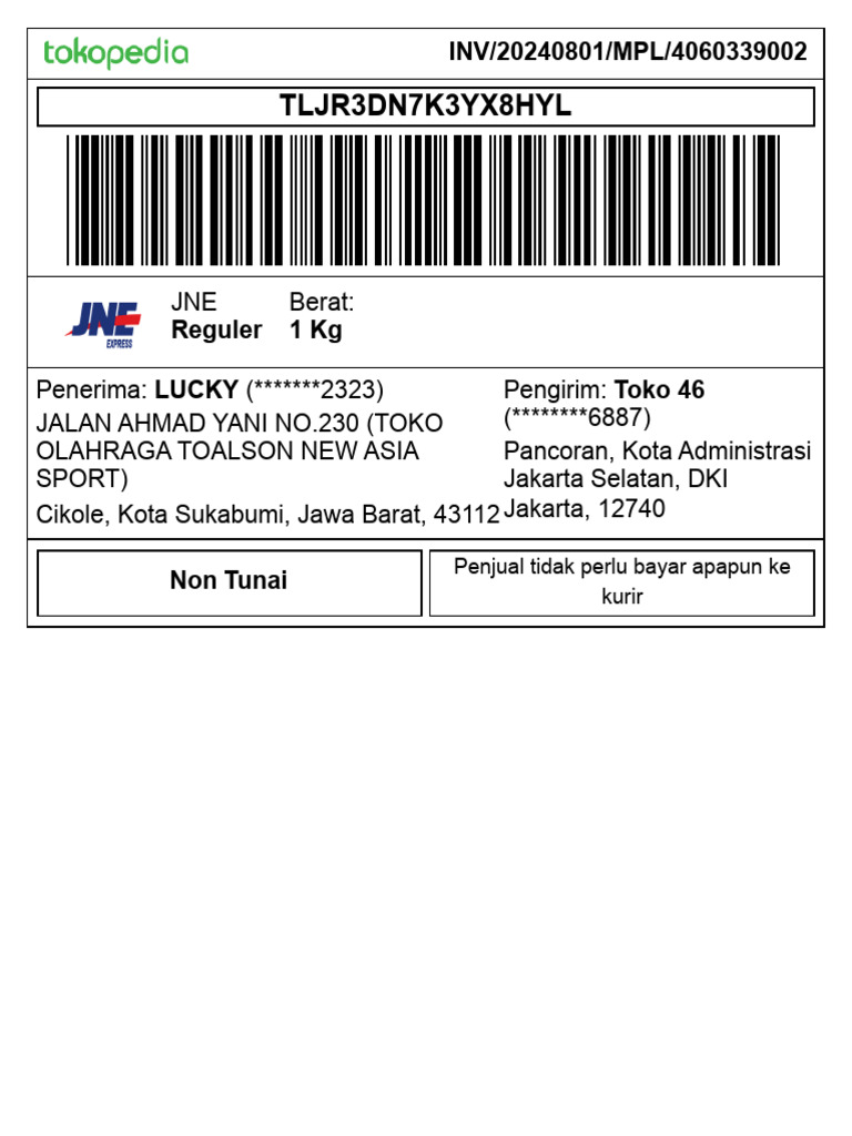 Pengiriman JNE Reguler 1 Kg ke Sukabumi | PDF