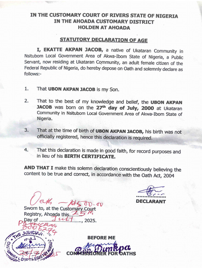 Statutory Declaration of Age | PDF