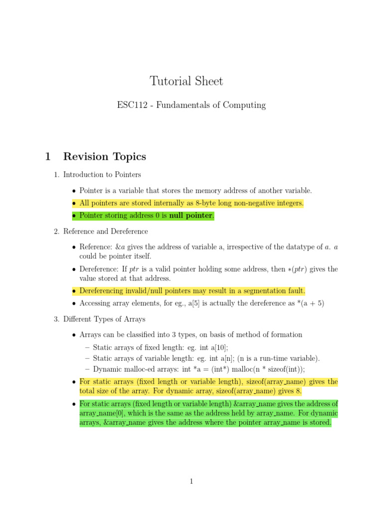 Week3 Tutorial Sheet ESC112 | PDF | Pointer (Computer Programming ...