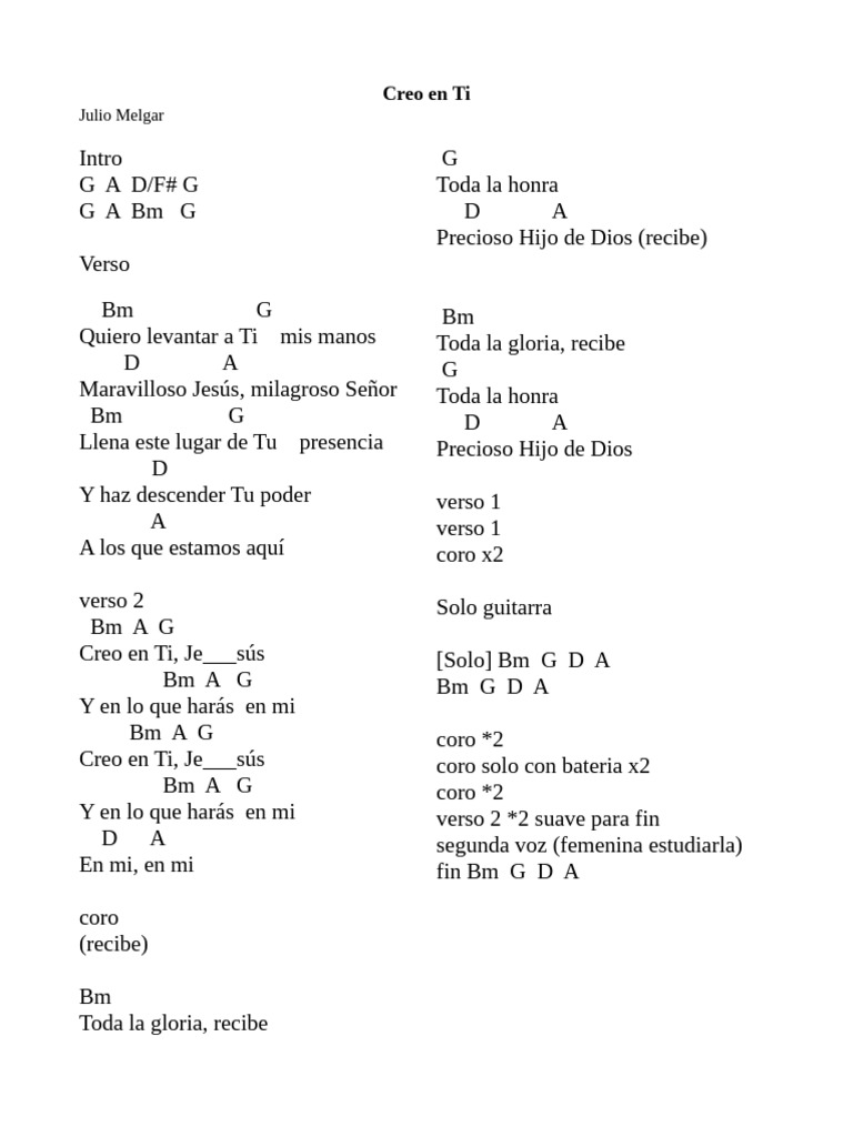 Letra de "Creo en Ti" - Julio Melgar | PDF