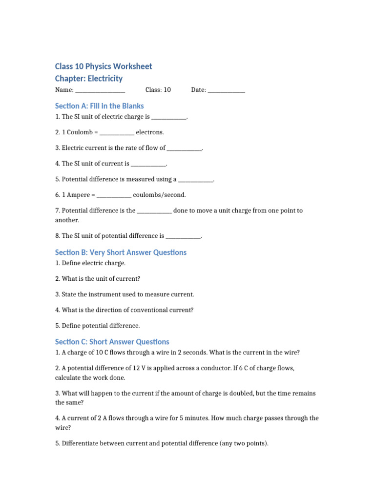 Class 10 Physics: Electricity Worksheet | PDF