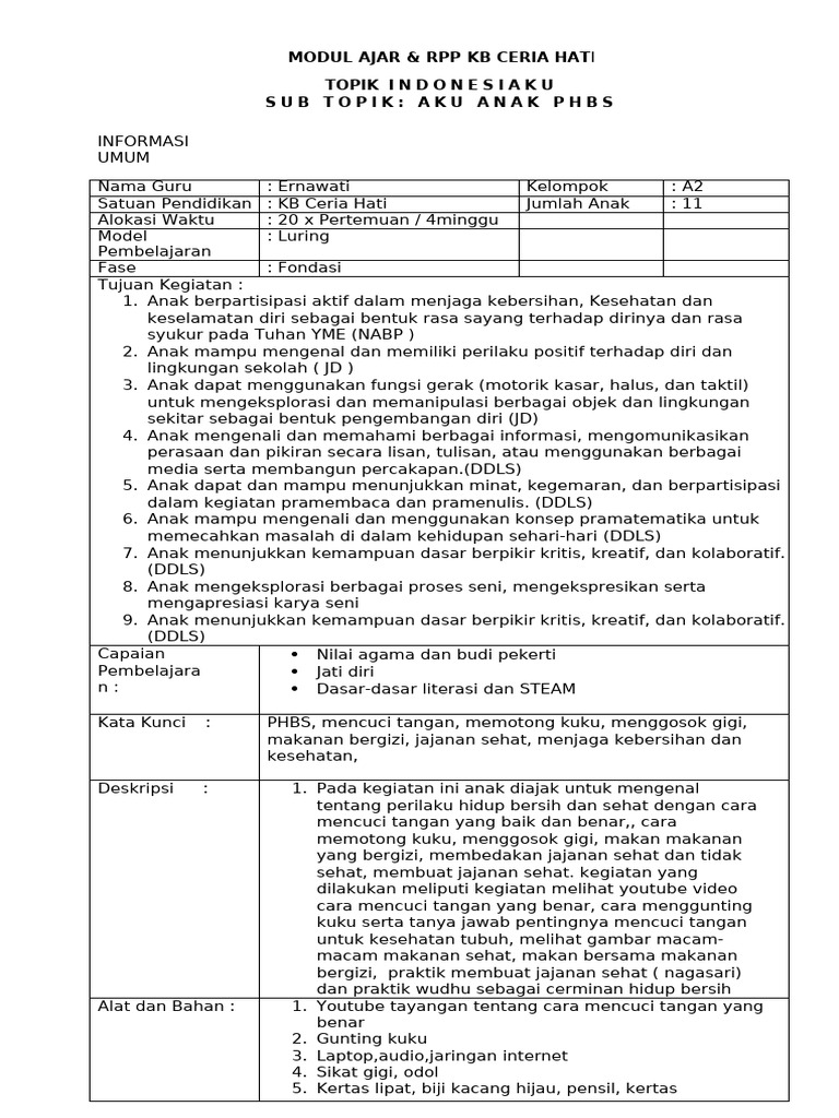 Modul Ajar Minggu Ke 5 (Aku Anak PHBS) | PDF