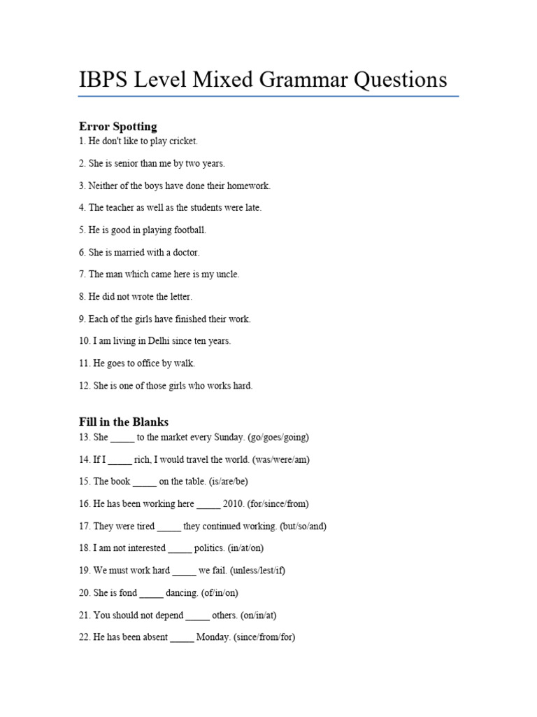 IBPS Mixed Grammar Questions | PDF | Chess Openings | Chess