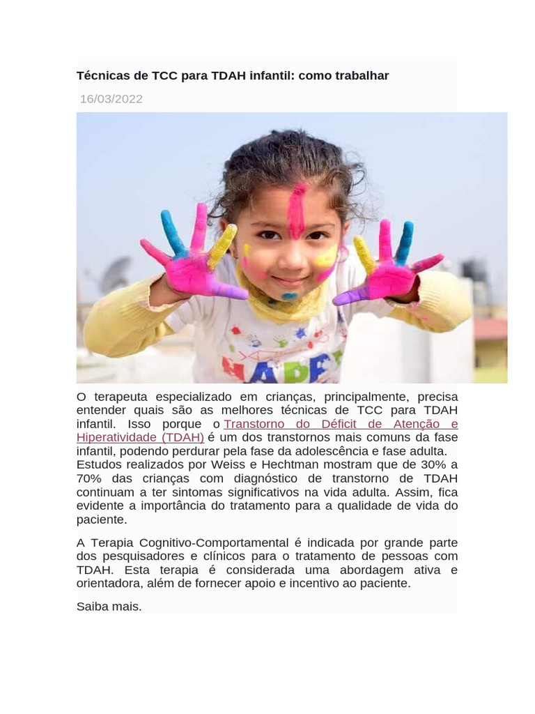 TCC para TDAH Infantil: Técnicas Eficazes | PDF | Transtorno de déficit ...