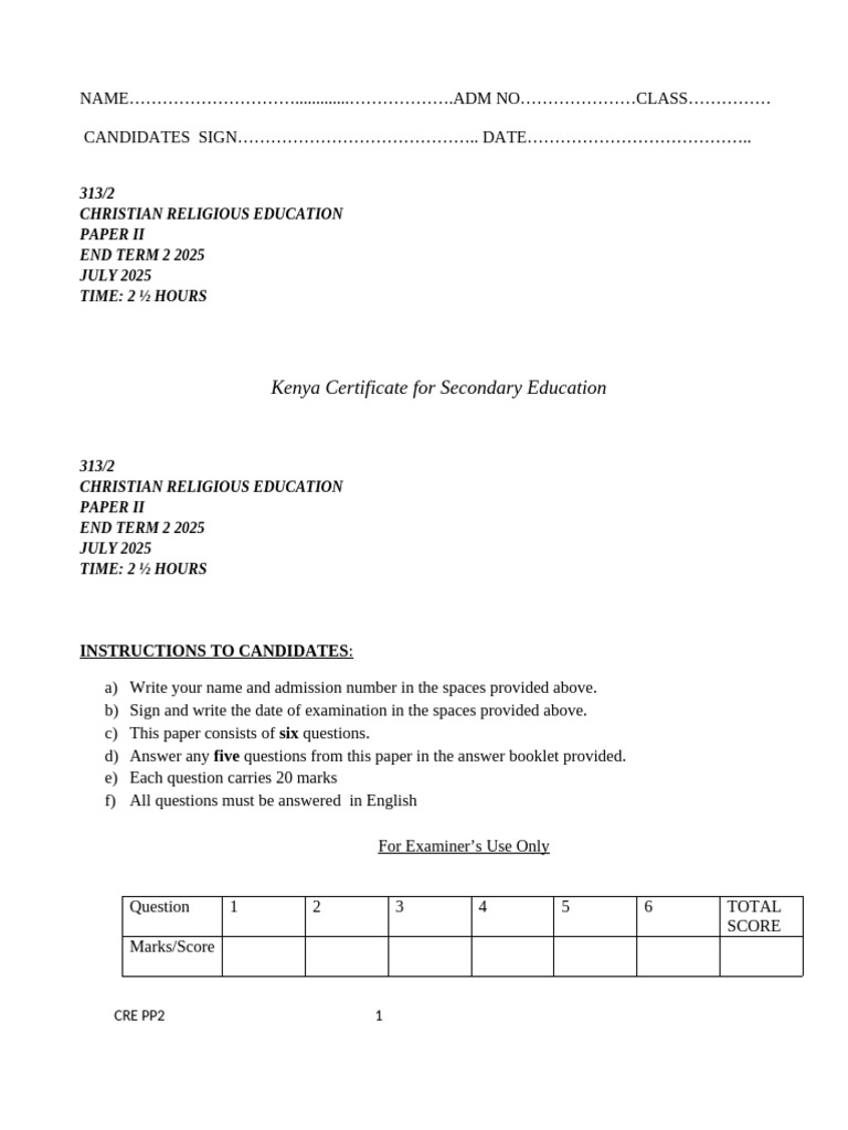 f4 Cre Pp2 QN End t2 Teacher Co Ke | PDF | Jesus | New Testament People