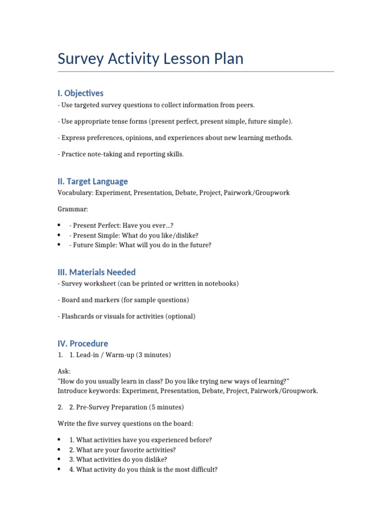 Survey Activity Lesson Plan | PDF | Lesson Plan | Learning