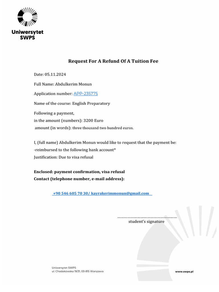 Request For A Refund of A Tuition Fee - 2023 | PDF