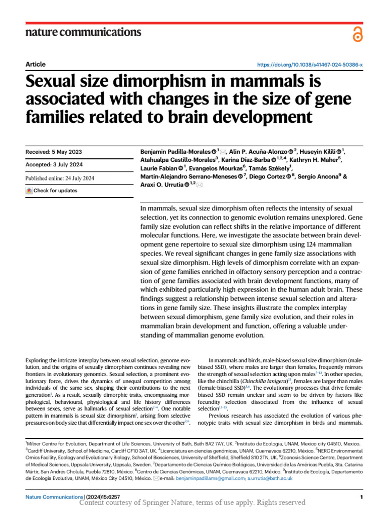 Gene Family Evolution and Size Dimorphism | PDF | Brain | Gene