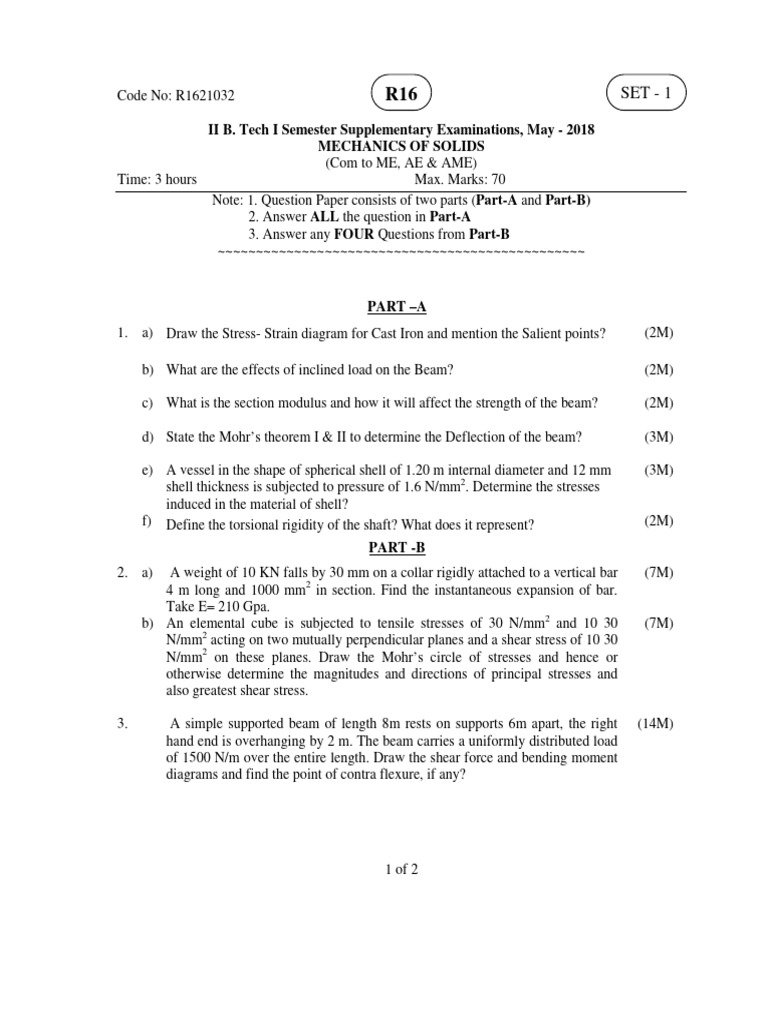 Jntuk 2-1 r16 Q.P May 2018 Mechanics of Solids | PDF | Beam (Structure ...