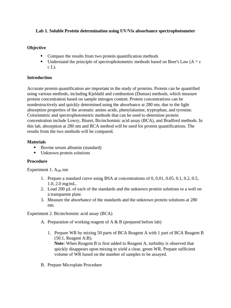 Protein Concentration by UV Spectrophotometry | PDF | Spectrophotometry ...