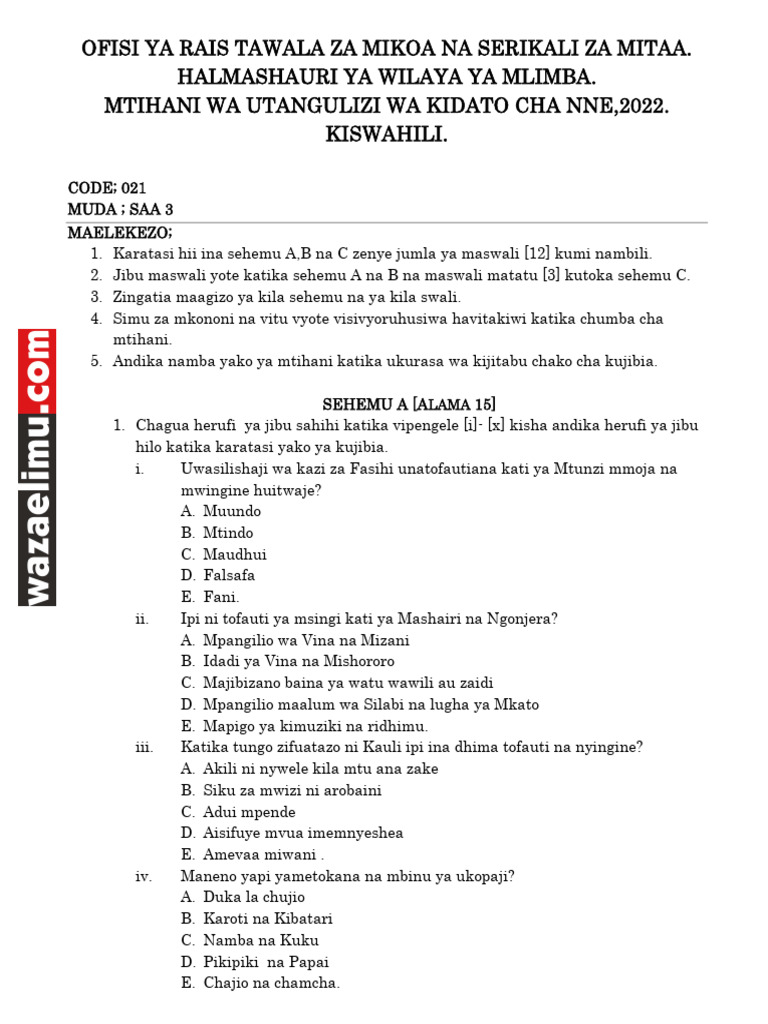 KISWAHILI - Questions N Answers | PDF