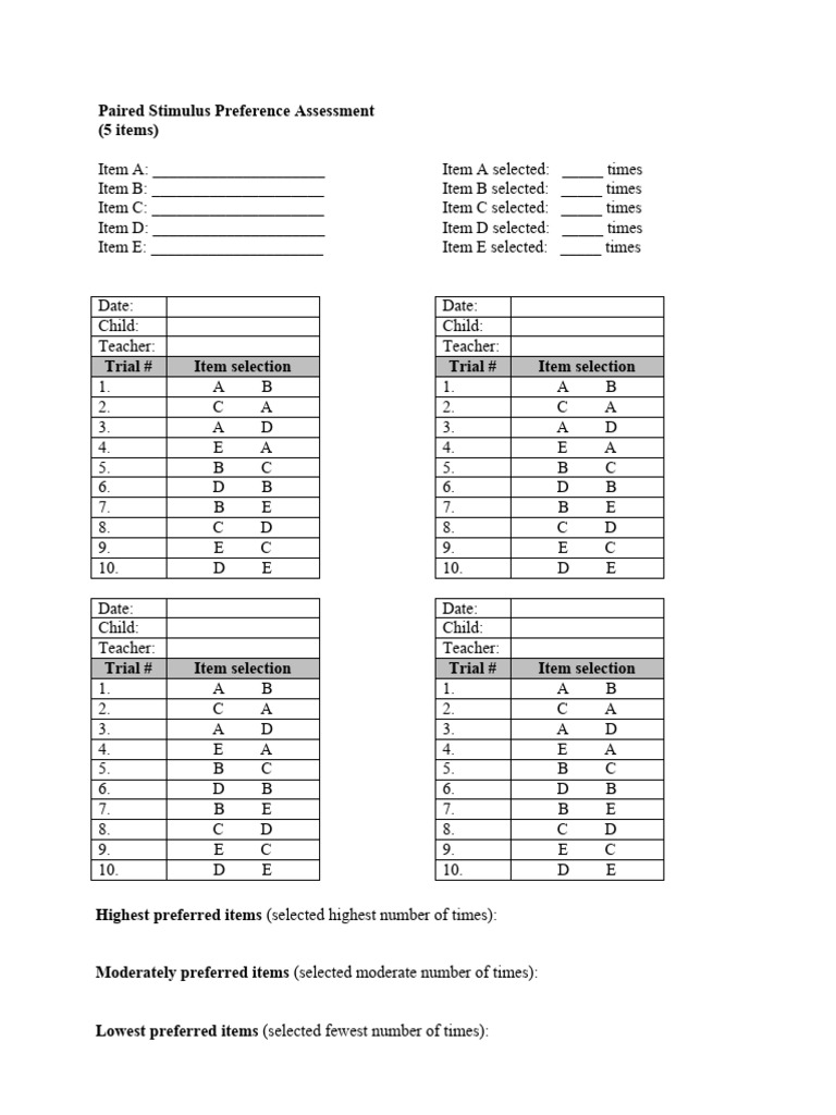 EBIP Paired Stimulus Data Sheet 5 Items | PDF | Chess | Chess Theory