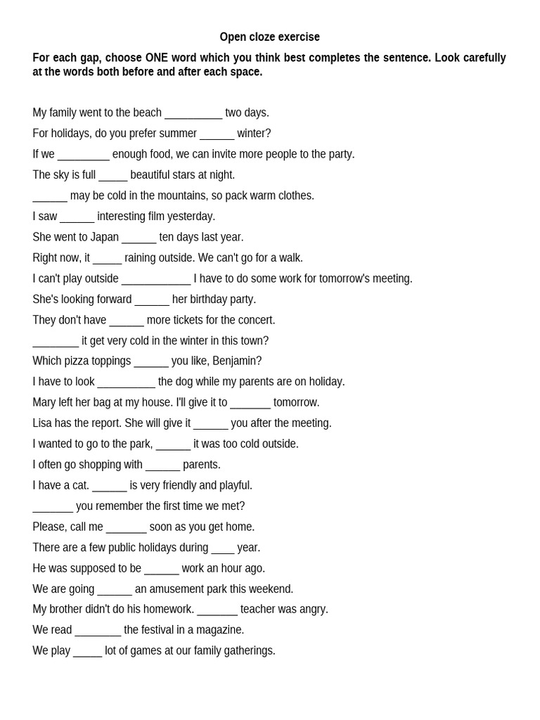 Open Cloze Exercise1 | PDF