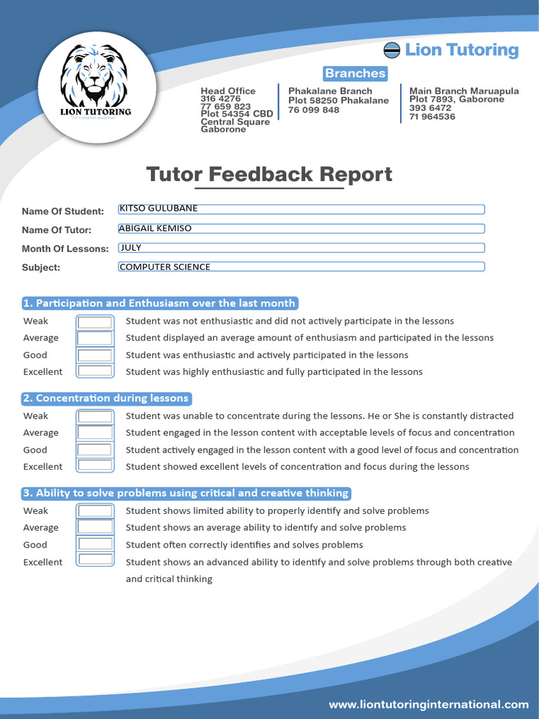 Tutor Feedback Report KITSO GULUBANE | PDF