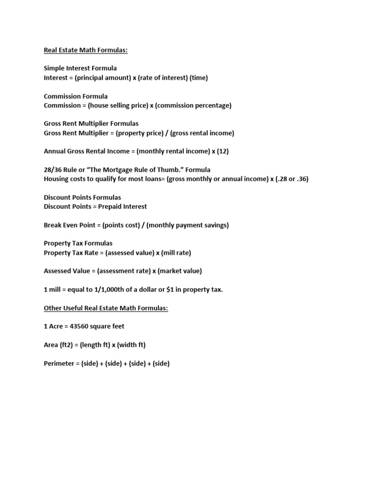 Real Estate Math Formulas Cheat Sheet | PDF