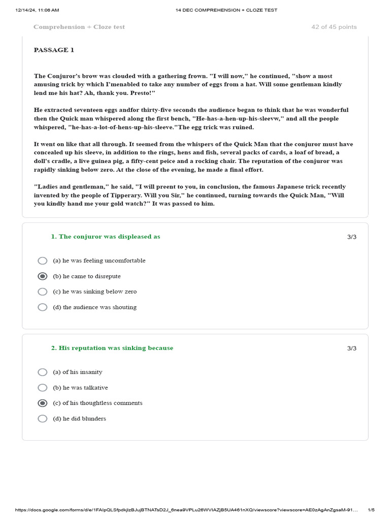 Comprehension and Cloze Test Analysis | PDF