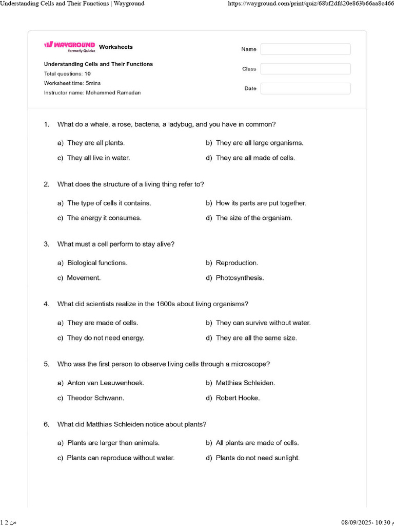 Understanding Cells and Their Functions - Wayground | PDF