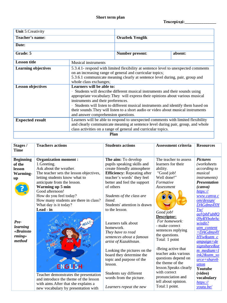 Musical Instruments Lesson Plan for Grade 5 | PDF | Cognition | Human ...