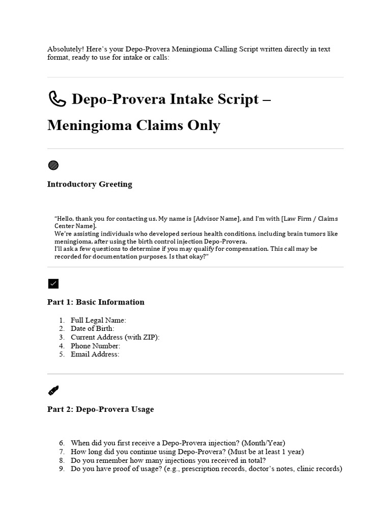 Depo-Provera Meningioma Intake Script | PDF