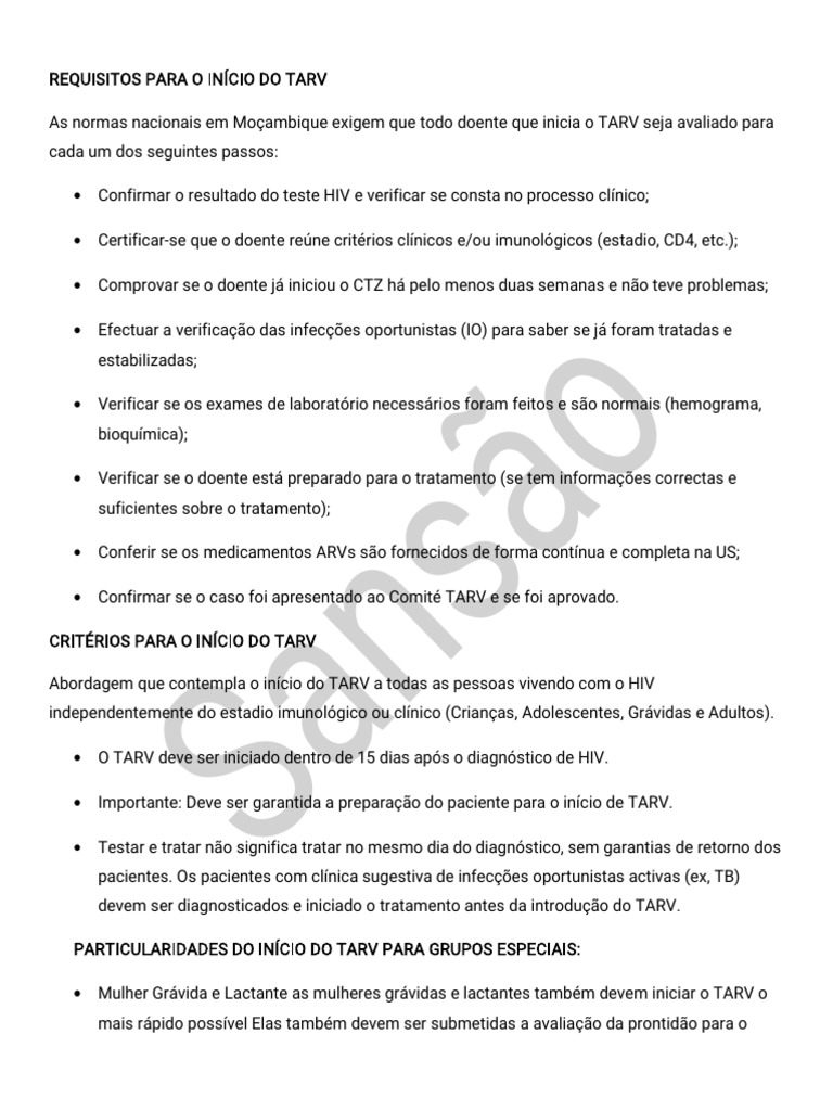 Requisitos e Critérios para Início do TARV em Moçambique | PDF | Gestão ...