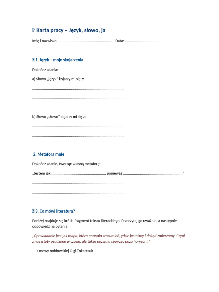 Karta Pracy Jezyk Slowo Ja | PDF