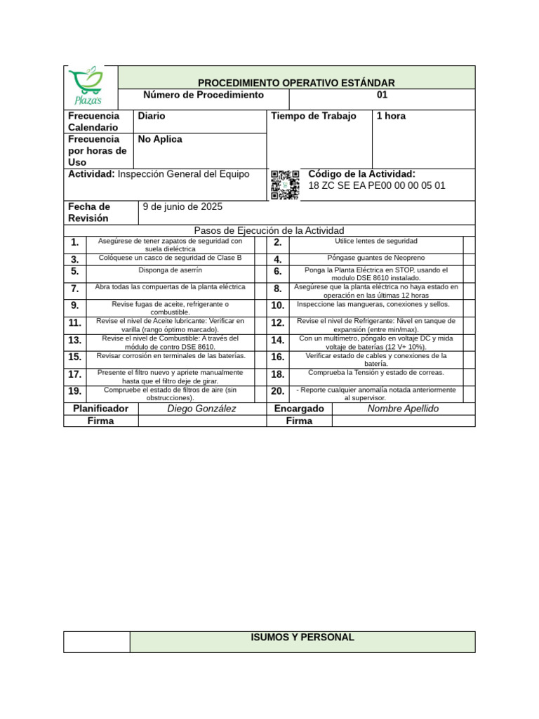 Procedimiento Operativo Estándar Formato | PDF