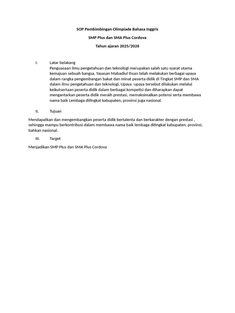 SOP Pembimbingan Olimpiade Bahasa Inggris SMP Plus Dan SMA Plus Cordova Tahun Ajaran 2025/2026 | PDF