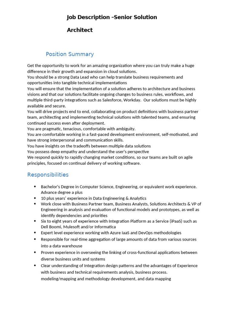 Senior Solution Architect Job Description | PDF | Cloud Computing ...