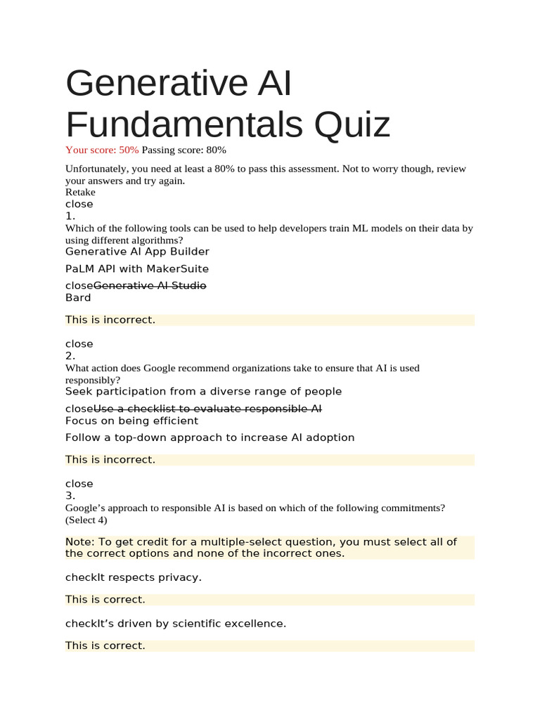 Generative AI Fundamentals Quiz | PDF | Artificial Intelligence ...