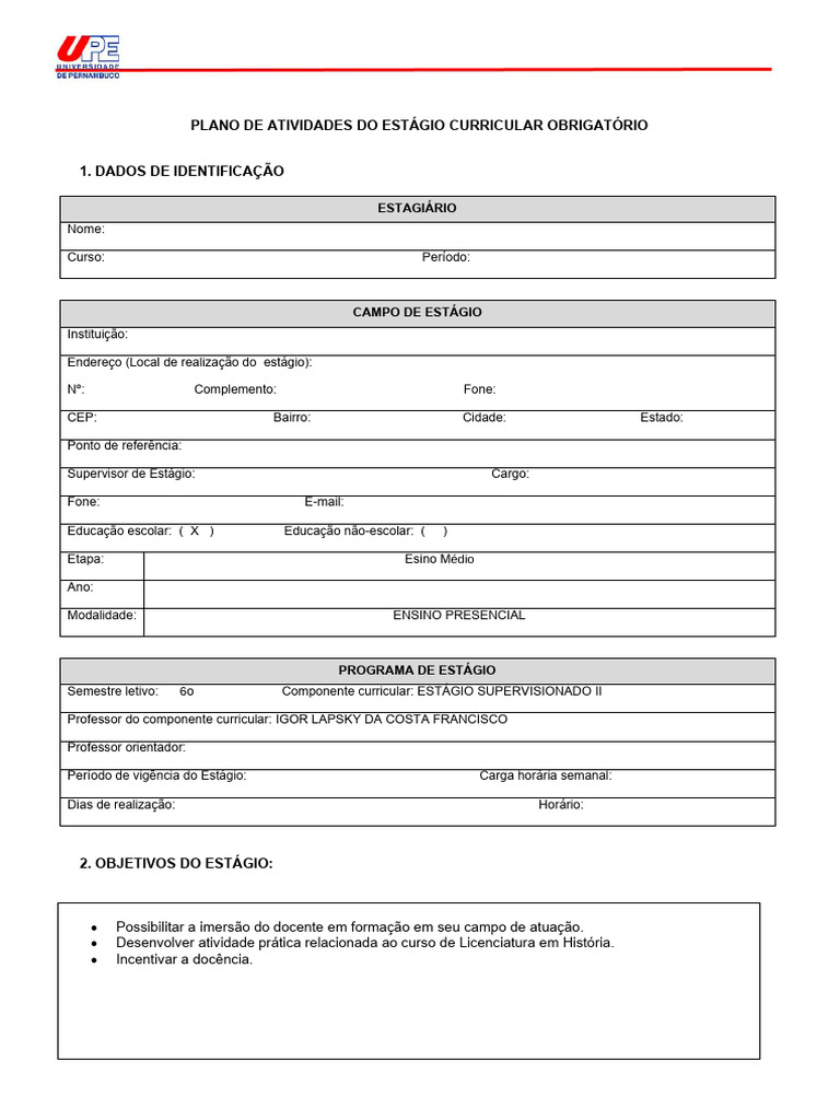 Plano de Estágio Curricular Obrigatório | PDF | Aprendizado | Ensino