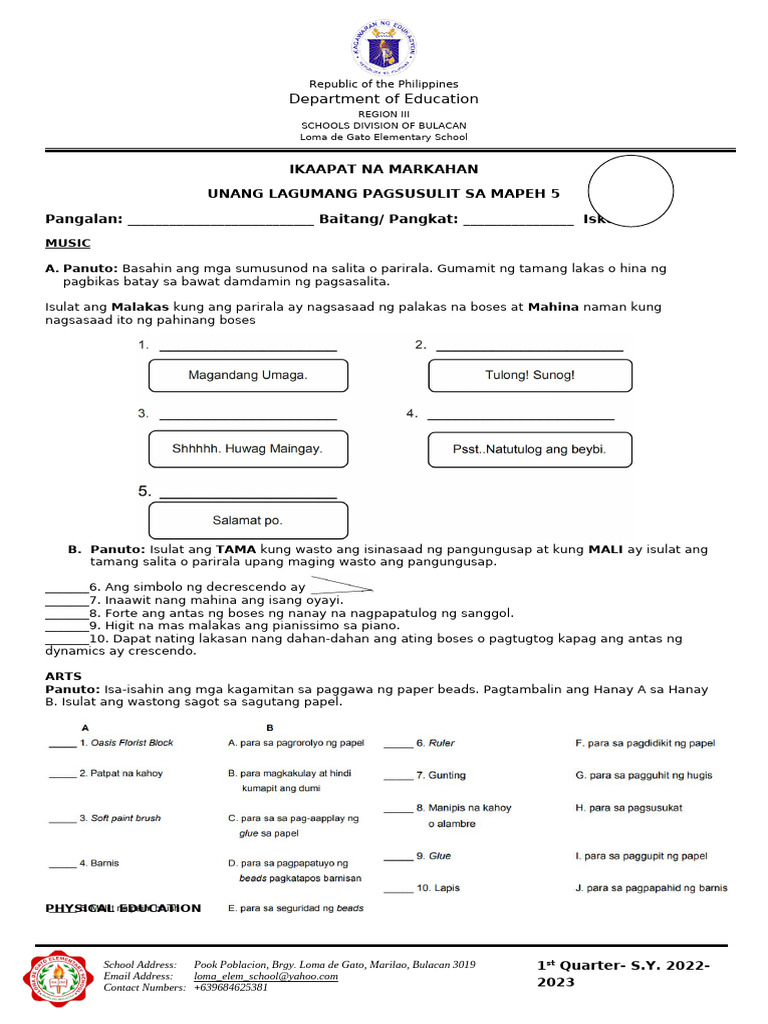 Quarter 4 Quiz 1 Mapeh Gr5 | PDF