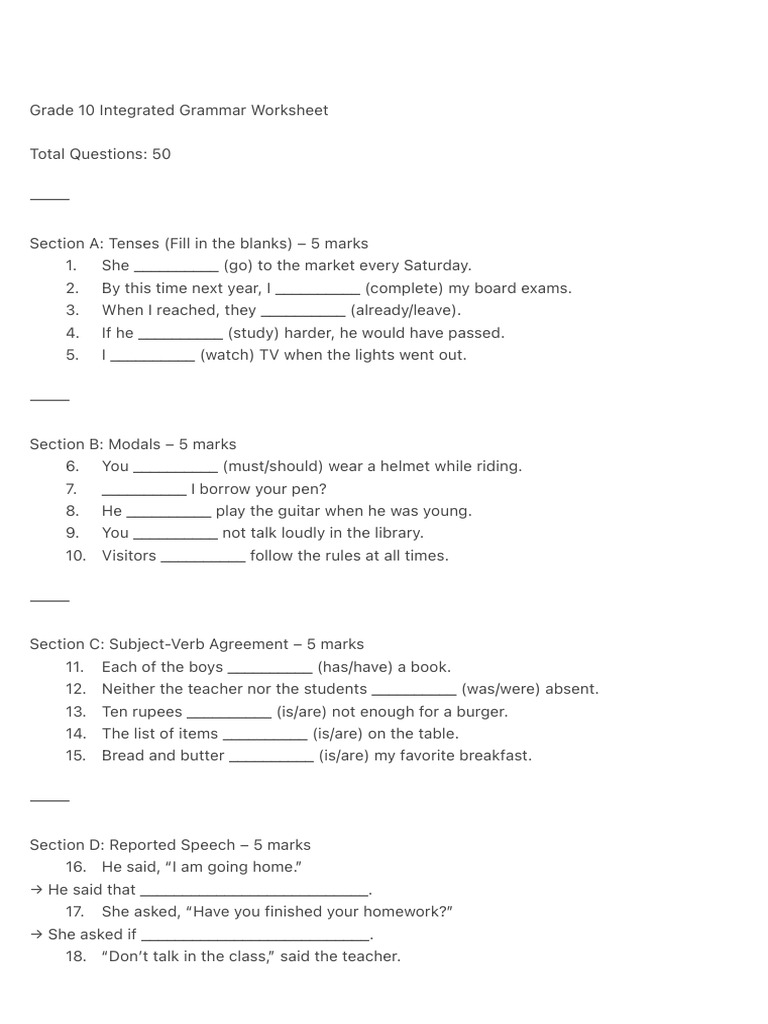 Grade 10 Integrated Grammar Worksheet | PDF | Linguistics | Syntax