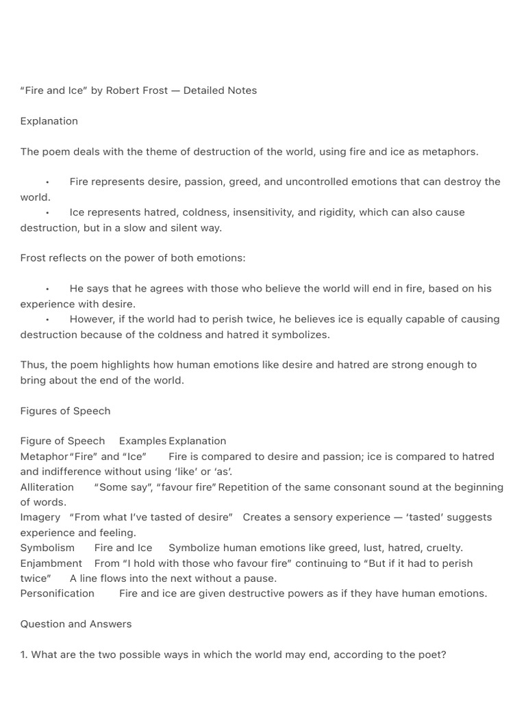 "Fire and Ice" by Robert Frost - Detailed Notes | PDF | Metaphor | Hatred