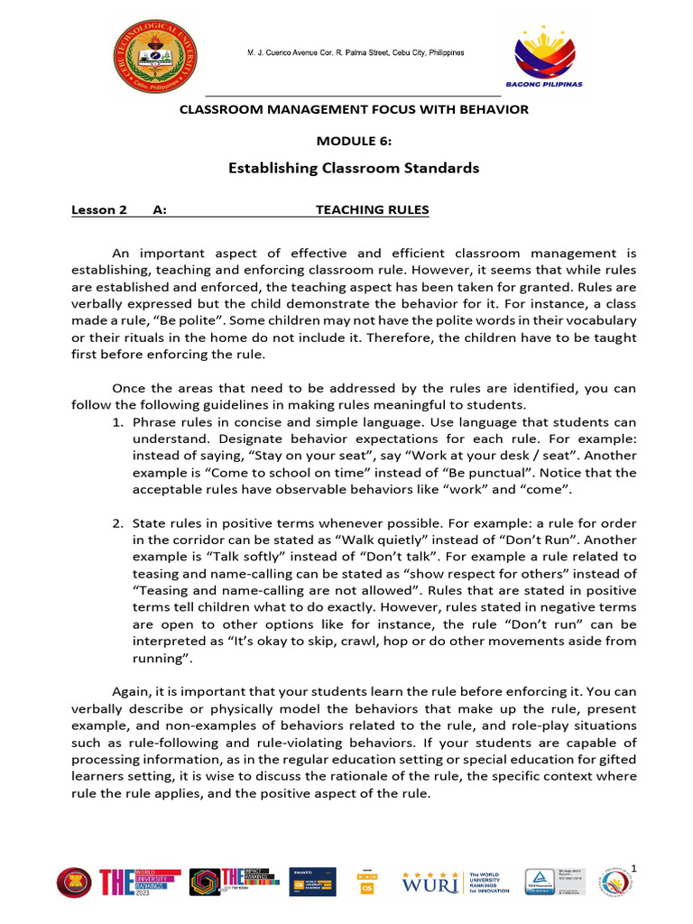 Module 6 - Lesson 2 - Teaching Rules and Procedures | PDF | Learning ...