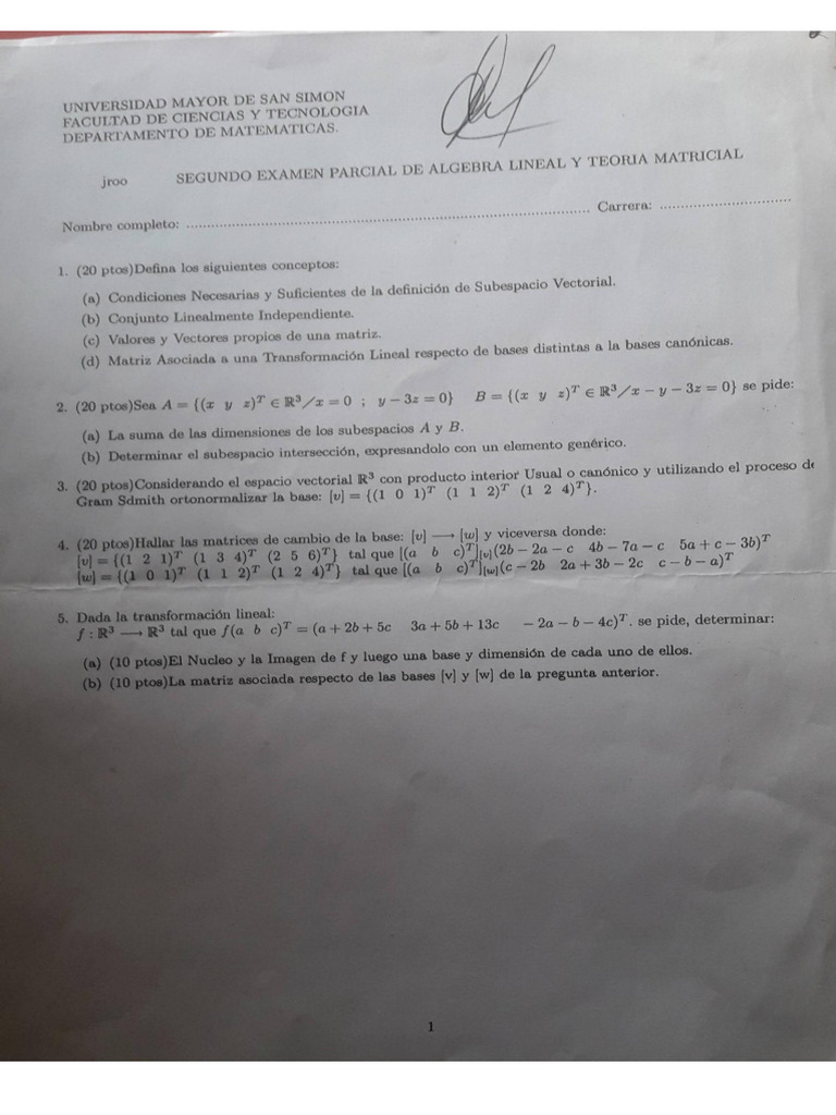 Exámenes 2do Parcial Álgebra Lineal | PDF