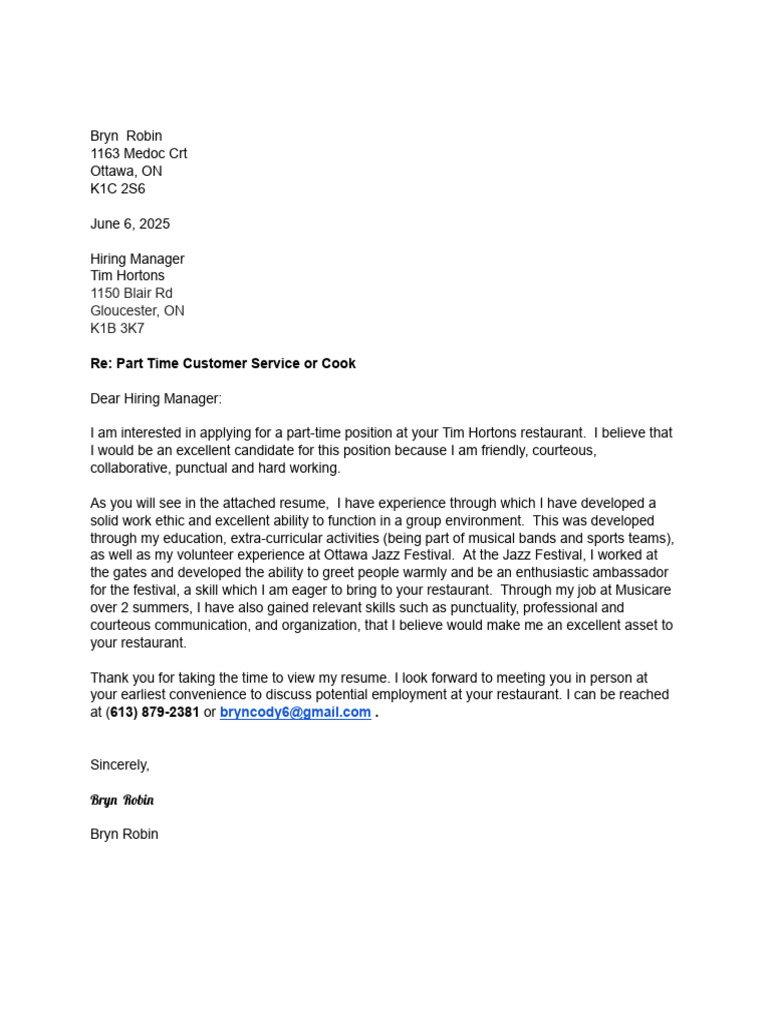 Tim Hortons Job Application Letter | PDF