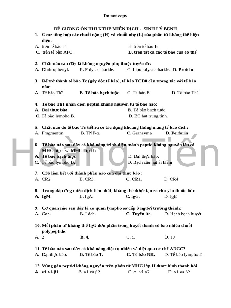 Đề Thi KTHP Sinh Lý Bệnh Miễn Dịch Ff | PDF