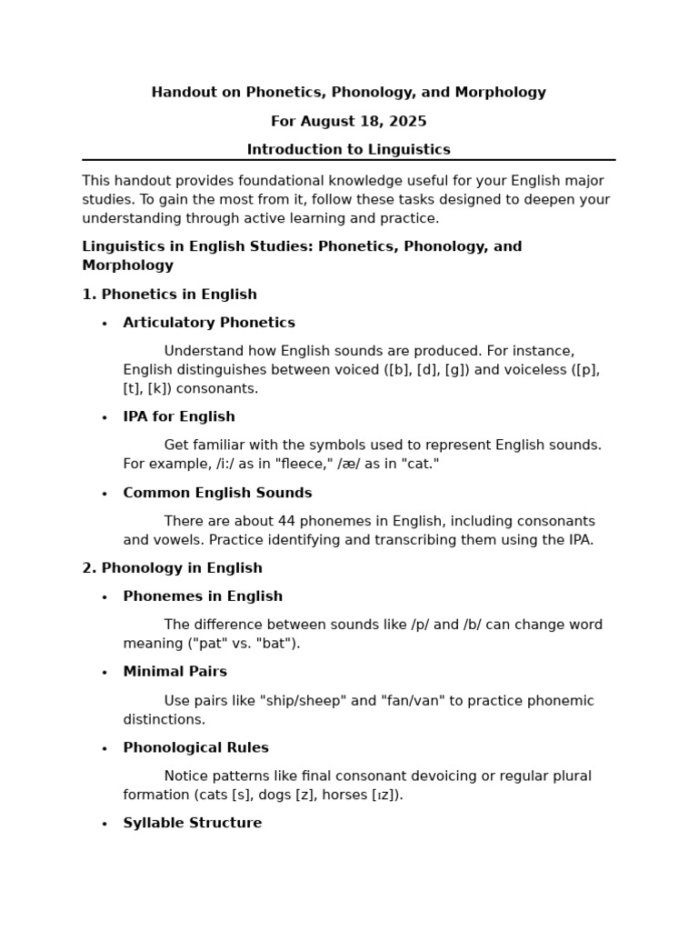 Handout On Phonetics Phonology Morphology With Activities For 8.18.25 ...