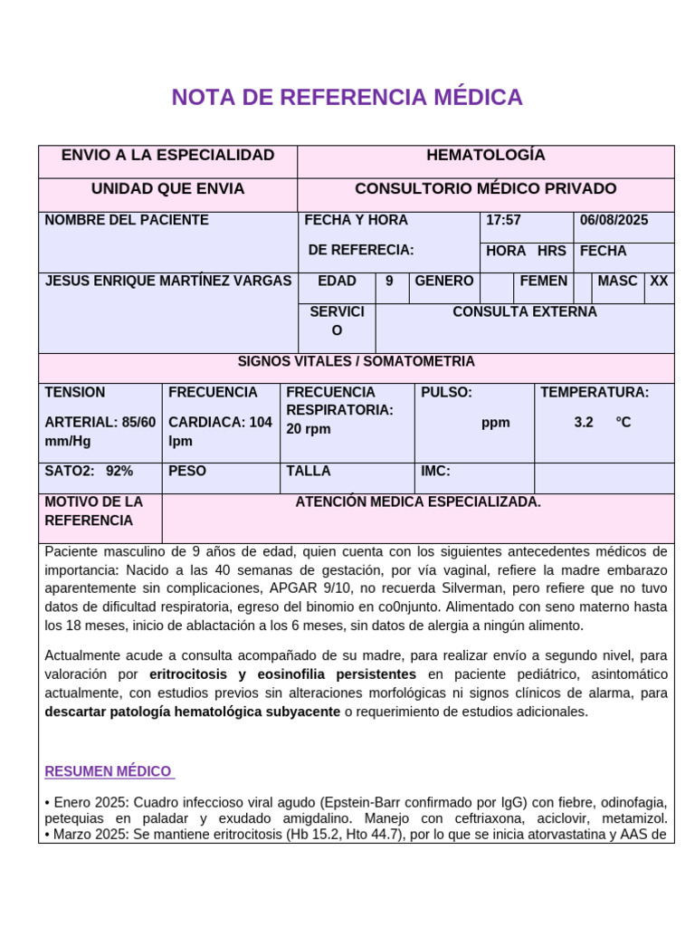 Nota de Referencia Jesus Enrique Martinez Vargas | PDF | Especialidades Medicas | Enfermedades y ...