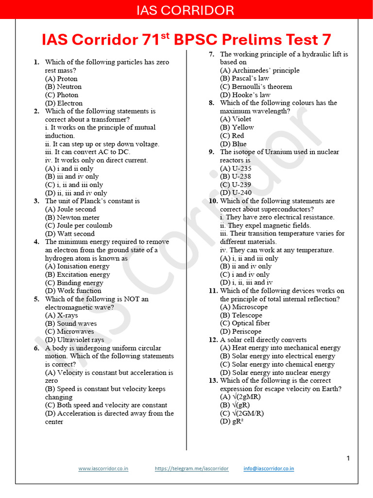 BPSC Prelims Magic Test 7 Physics IAS Corridor | PDF | Light ...