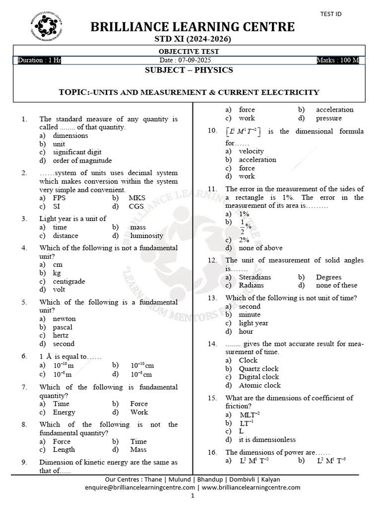 Physics Test: Units & Measurement 2025 | PDF | Measurement | Force