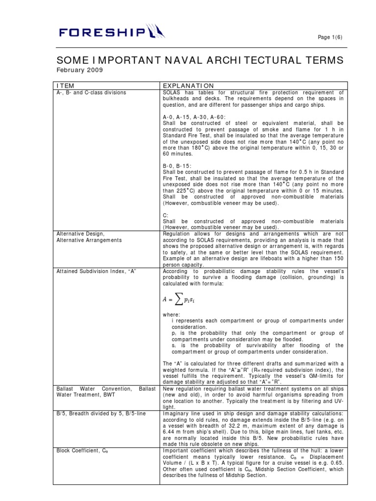 Some Important Naval Architectural Terms: Item Explanation | PDF