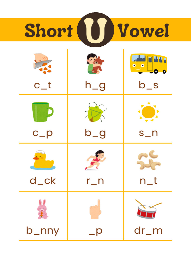 Short U Vowel Early Literacy English Worksheet in Illustrative Style ...