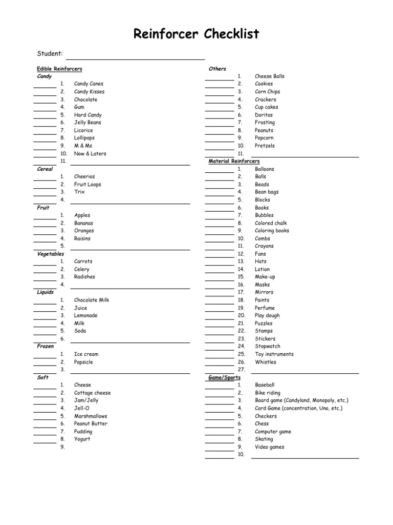 Comprehensive Reinforcer Checklist | PDF | Candy | Foods