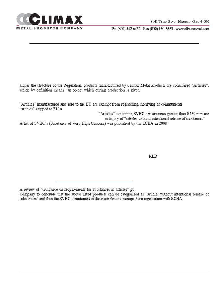 REACH Compliance Statement for Climax Products | PDF | Regulatory ...