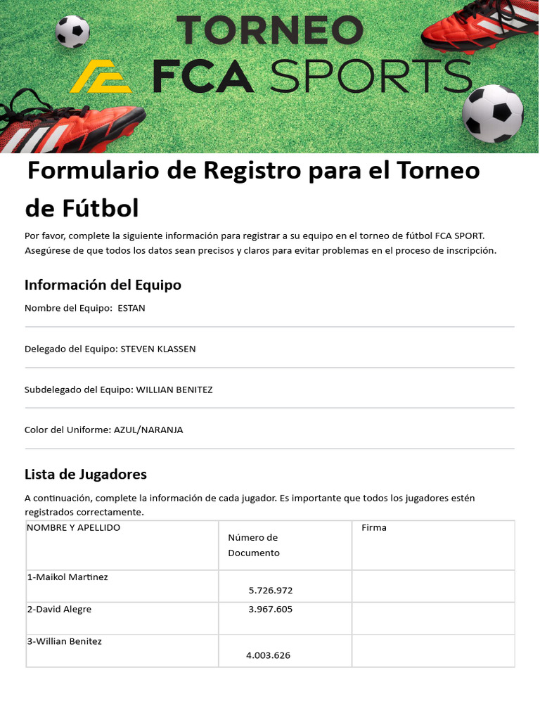 Formulario de Registro para El Torneo de Fútbol Listo | PDF