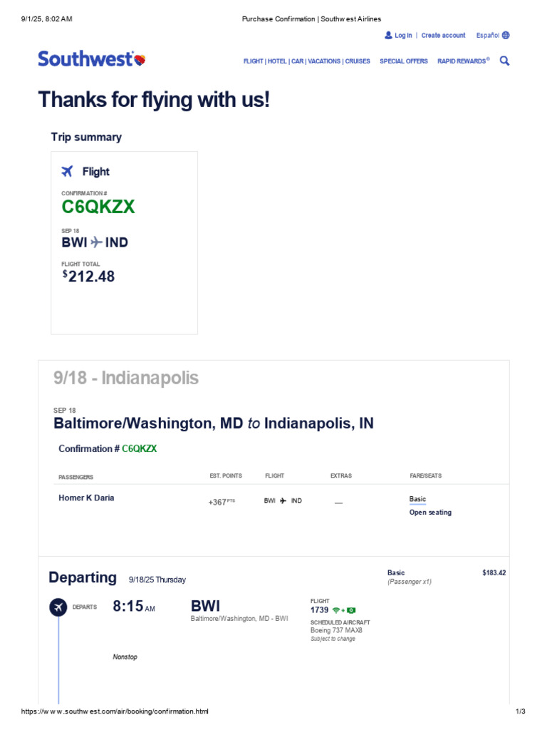 Southwest Airlines Flight Confirmation | PDF | Southwest Airlines ...