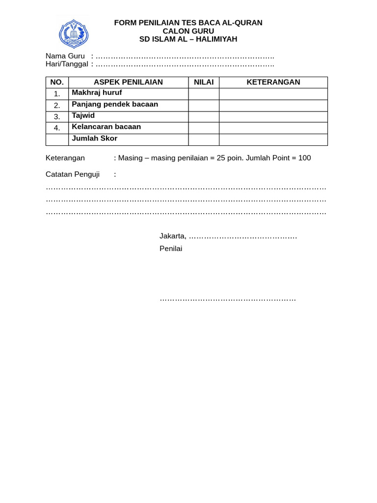 Penilaian Tes Baca Al-Quran Guru SD | PDF