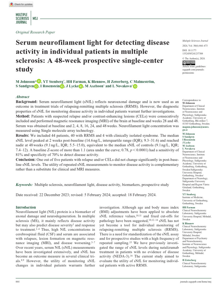 Serum Neurofilament Light For Detecting Disease Activity in Individual ...